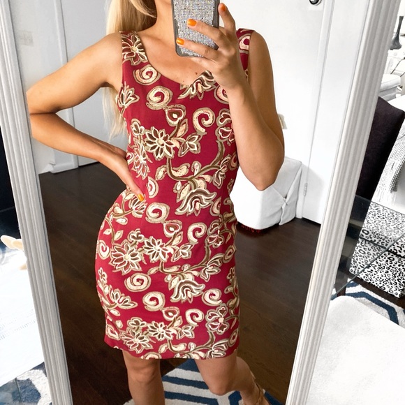 Tracy M | Dresses | Tracy M Silk Burgundy Red Green Tan Floral Dress ...